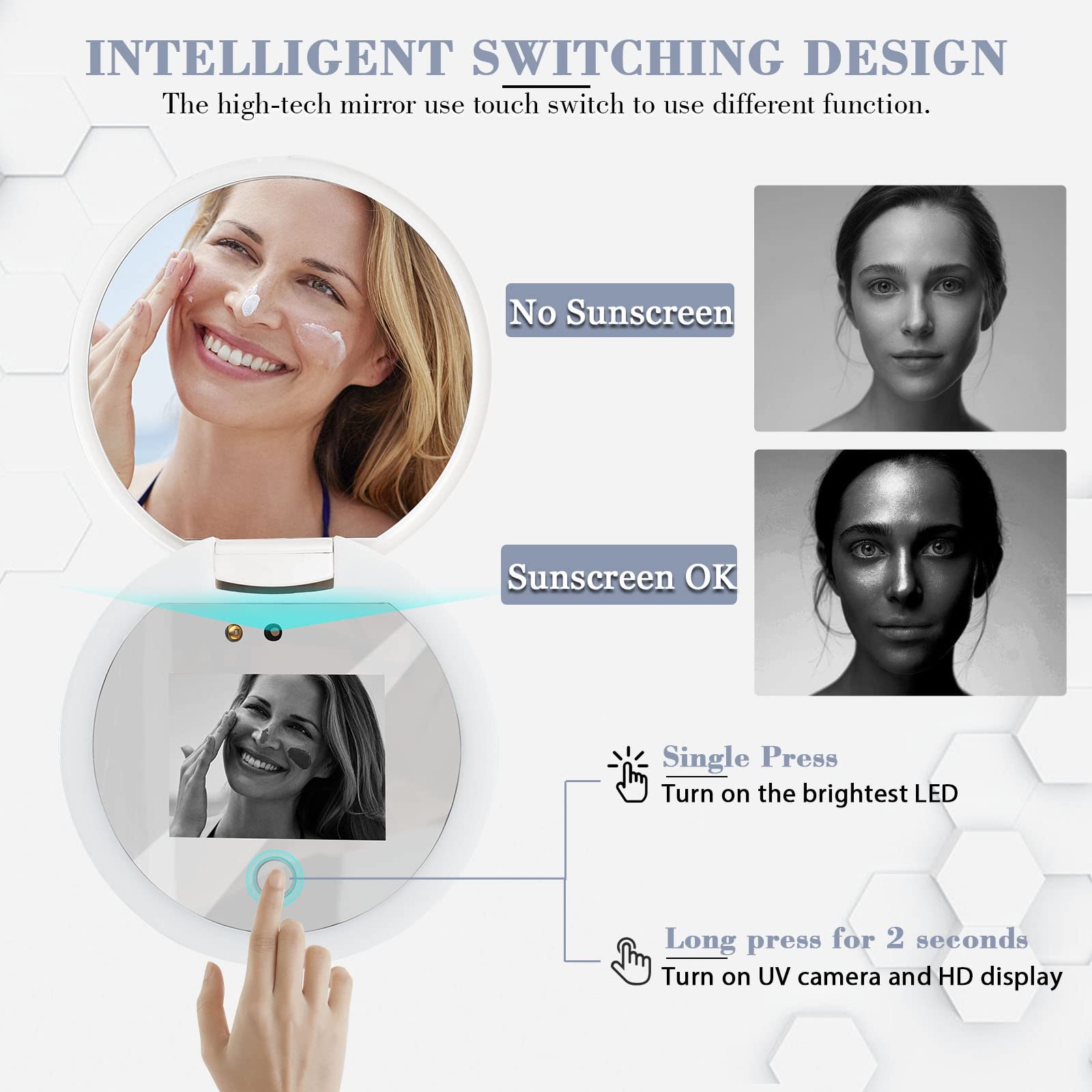 HOTMUZ Sunscreen Testing Mirror with UV Camera for Sun Skin Care,Travel Makeup Mirror with Lights Checking Sunscreen for Face, Sunscreen Detector for Skin Sun Protection,Led Mirror Makeup