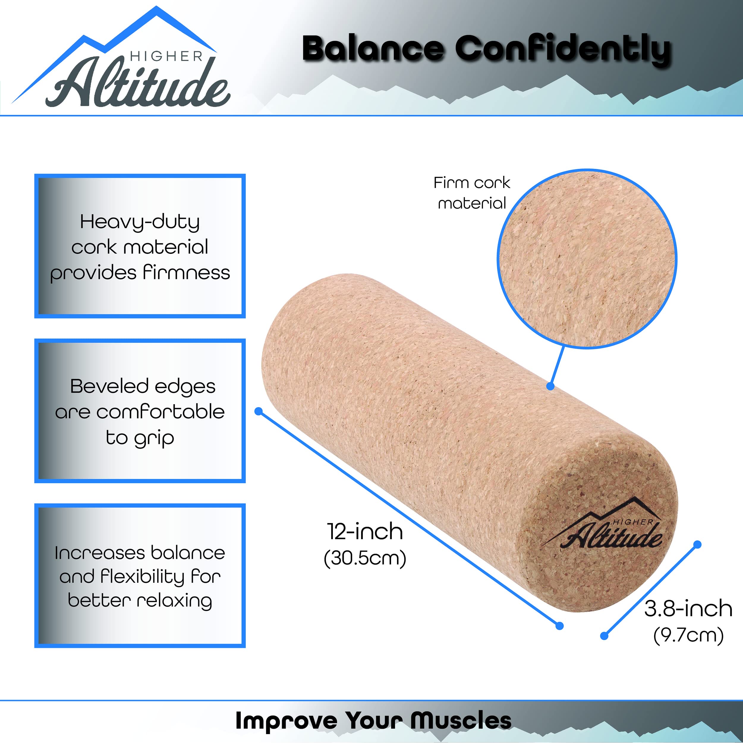 Higher Altitude Yoga Back Roller - 12 x 3.8in Full Body Cork Gym Muscle Roller for Relieving Muscle Knots and Tension