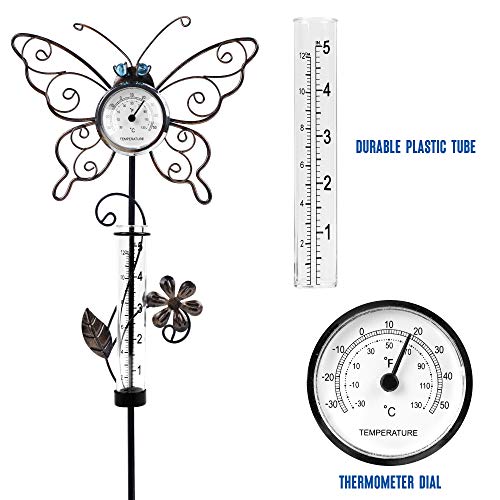 Juegoal 31.5 Inch Rain Gauge with Thermometer, Butterfly & Owl Garden Stakes Decor, Waterproof Rustproof Metal Yard Art Outdoor Lawn Pathway Patio Decorations, Set of 2