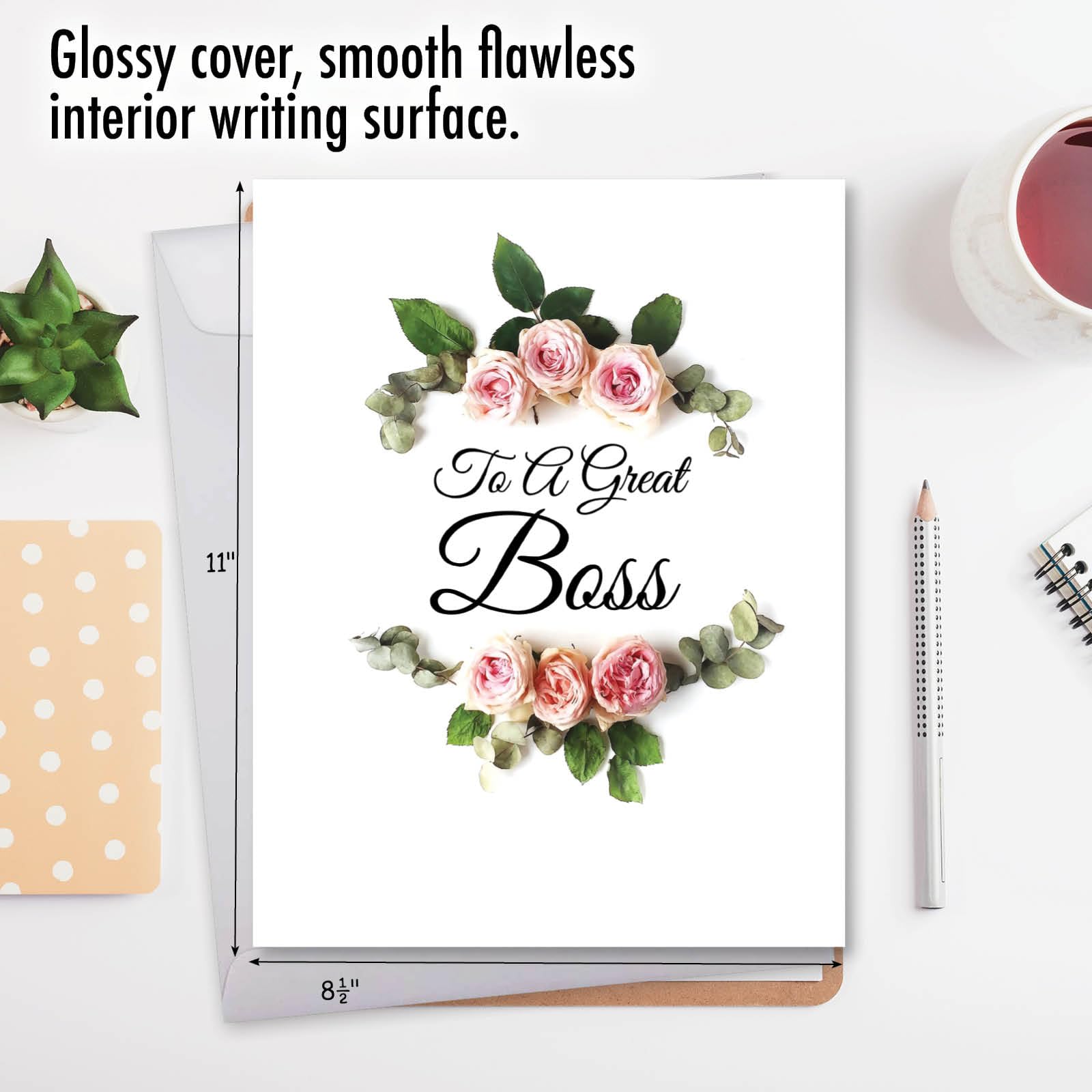 The Best Card Company Jumbo Boss's Day Greeting Card From Us 8.5 x 11 Inch with Envelope (1 Pack) Oversize Jumbo Co-Worker Elegant flowers J4175ABOG-US