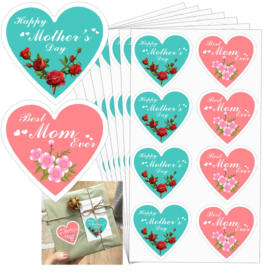 Top label Happy Mother's Day Stickers,2 Inch Mother's Day Heart Shape Envelope Seals Label,Gift Tags for Bouquet,Gift Box and Envelopes,240 Pcs, Bright