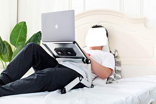 Ergonomic Portable Laptop Table Desk Stand Foldable Lap Tray for Bed Sofa Fully Adjustable Height and Angle Laptop Riser with USB Fans for Work from Home or Travel(Silver)