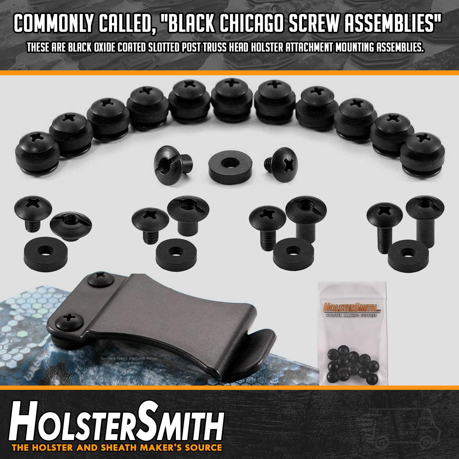 Holster Attachment Mounting Assembly โ (12 Pack) - (3/8 Chicago Slotted Binding Post + 3/8 Truss Head Screw + 1/8 EPDM Washer) - for DIY KYDEX Holster Belt Clips & More