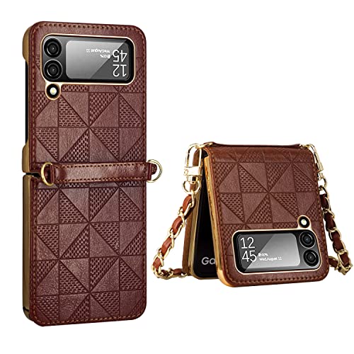 SHIEID Genuine Leather Galaxy Z Flip 4 Case with Chain, Noble Temperament, Diamond Shape Design Fine Texture Z Flip 4 Case for Samsung Galaxy Z Flip 4, Brown
