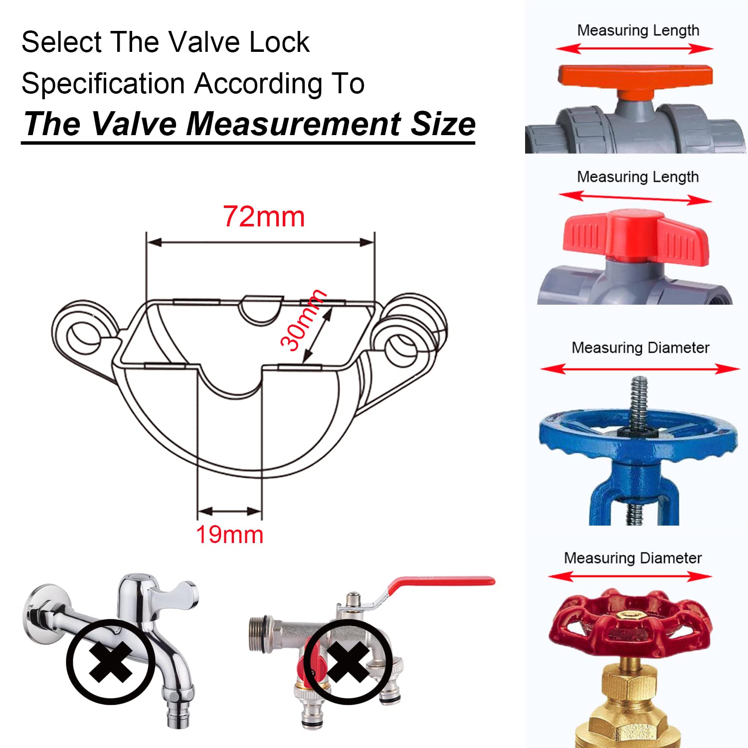 Gate Valve Lockout and Safety Padlock, 1Set, Hose Bib Lock for Outdoor Faucet Knob/Water Spigot/Propane Tank, 1 to 2-1/2 in Dia Valve Handles, Plastic Red Secure Lock Device for Outside Garden Valve
