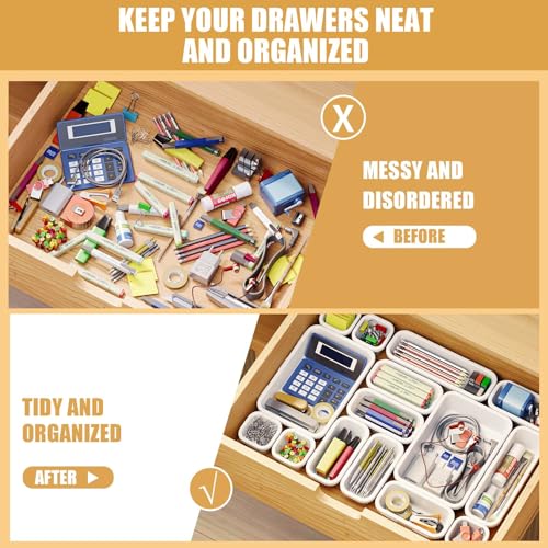 Famhap 16 PCS Desk Drawer Organizers, Versatile Bathroom and Vanity Drawer Organizer Trays, Storage Bins for Makeup, Bedroom, Kitchen Gadgets Utensils and Office(White)