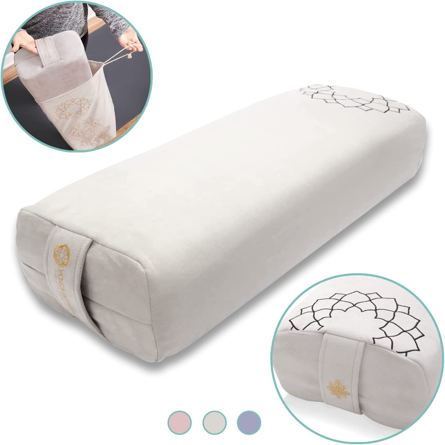 Embroidered Yoga Bolster Pillow for Restorative Yoga with Carrying Bag - Rectangular Yoga Pillow, Meditation Cushion for Pressure Relief, Support & Practice Enhancement - 25.9 x 10.2 x 5.9 IN, Grey