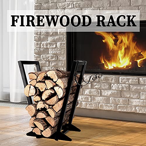 JUNSHUO Firewood Rack Indoor (22Inch/V-Shape) Outdoor Fireplace Firewood Holder with Side Kindling Rack,Assemblable Log Rack Wood Holder