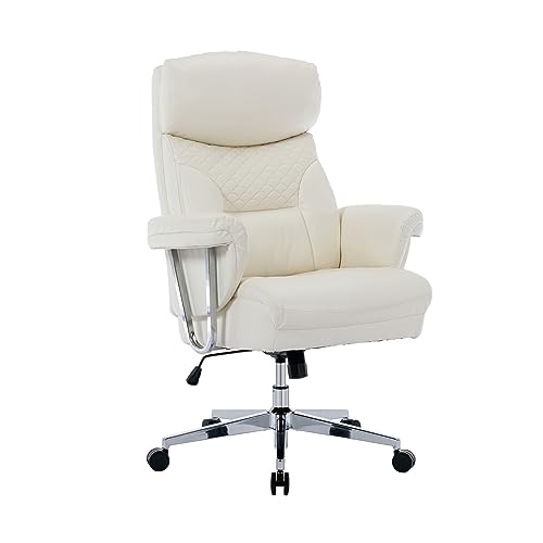 Ergonomic White Office Chair,PU Leather Desk Chair with Wheels,Adjustable Computer Chair,Swivel Task Executive Chair with Lumbar Support&Adjustable Rock Back Tension,Seat Height: 20.49"-23.64"