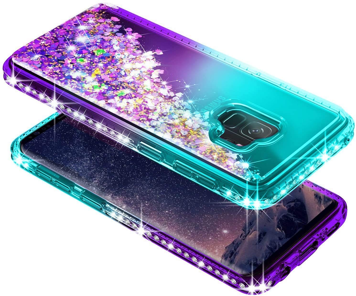 E-Began Case for Samsung Galaxy S9 with Screen Protector (Maximum Coverage, Flexible TPU Film), Ring Holder/Wrist Strap, Glitter Flowing Liquid Girls Women Kids Cute Case (Aqua/Purple)