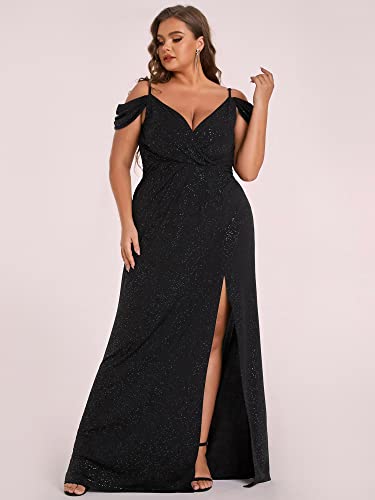 Ever-Pretty Plus Women's Curve V-Neck Cap Sleeves Leg Slit Long Plus Size Dress for Women Formal Black US22