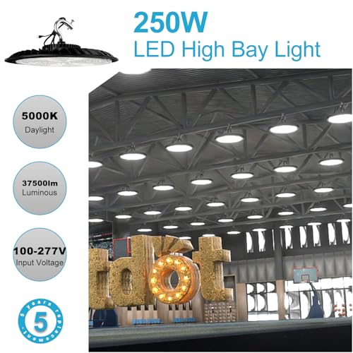 Lightdot 20Pack 250W LED High Bay Light 37500lm Commercial Bay Lighting, AC100-277V UFO LED High Bay Shop Light, High Bay LED Light Suit for 30~40Ft Height