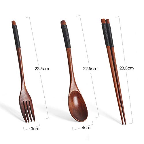 Lizusidtsy Wooden Flatware Set, Wooden Portable Set Chopsticks Spoon Fork Tableware Dinnerware with Black Twining Thread