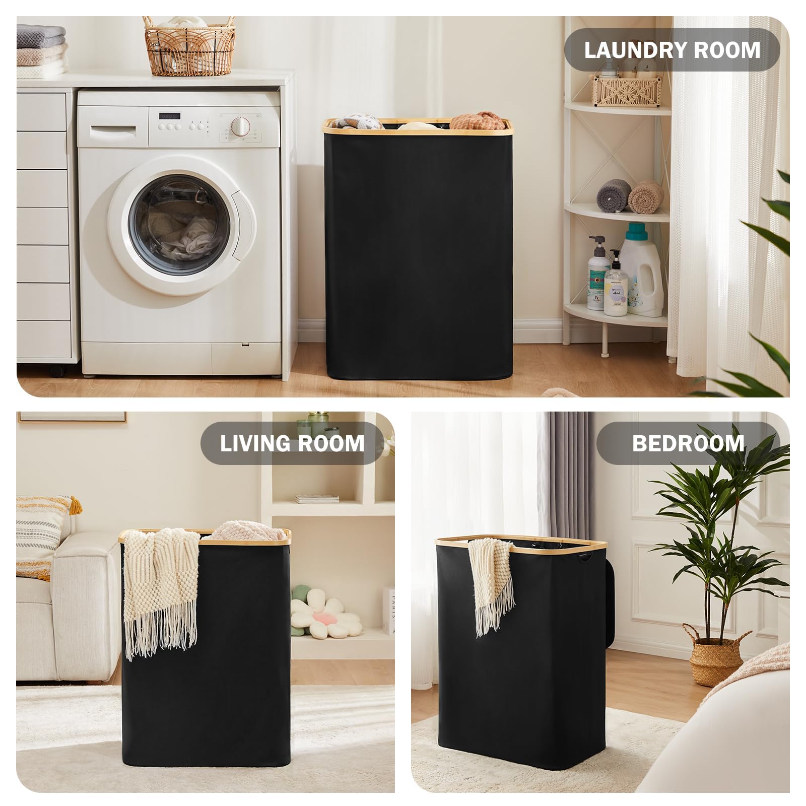 Laundry Hamper with Lid, 160L Extra Large Hamper for Laundry Basket with lid, 3 Section Storage Dirty Clothes Hamper with Removable Bags for Bathroom, Bedroom, Blanket, Toys, White