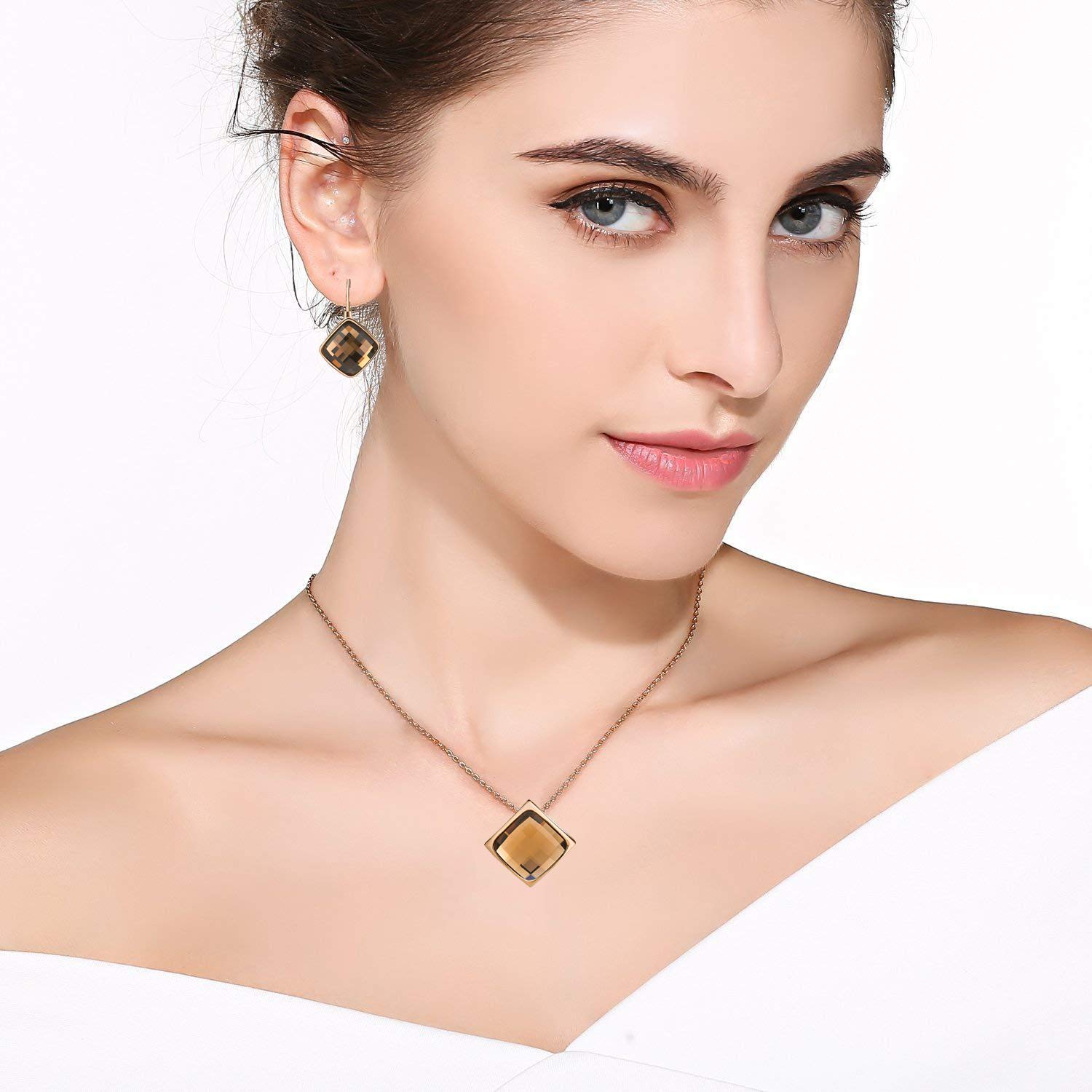 EVEVIC Square Austrian Crystal Necklace Earrings Set for Women 18K Gold Plated Jewelry Set (Brown)