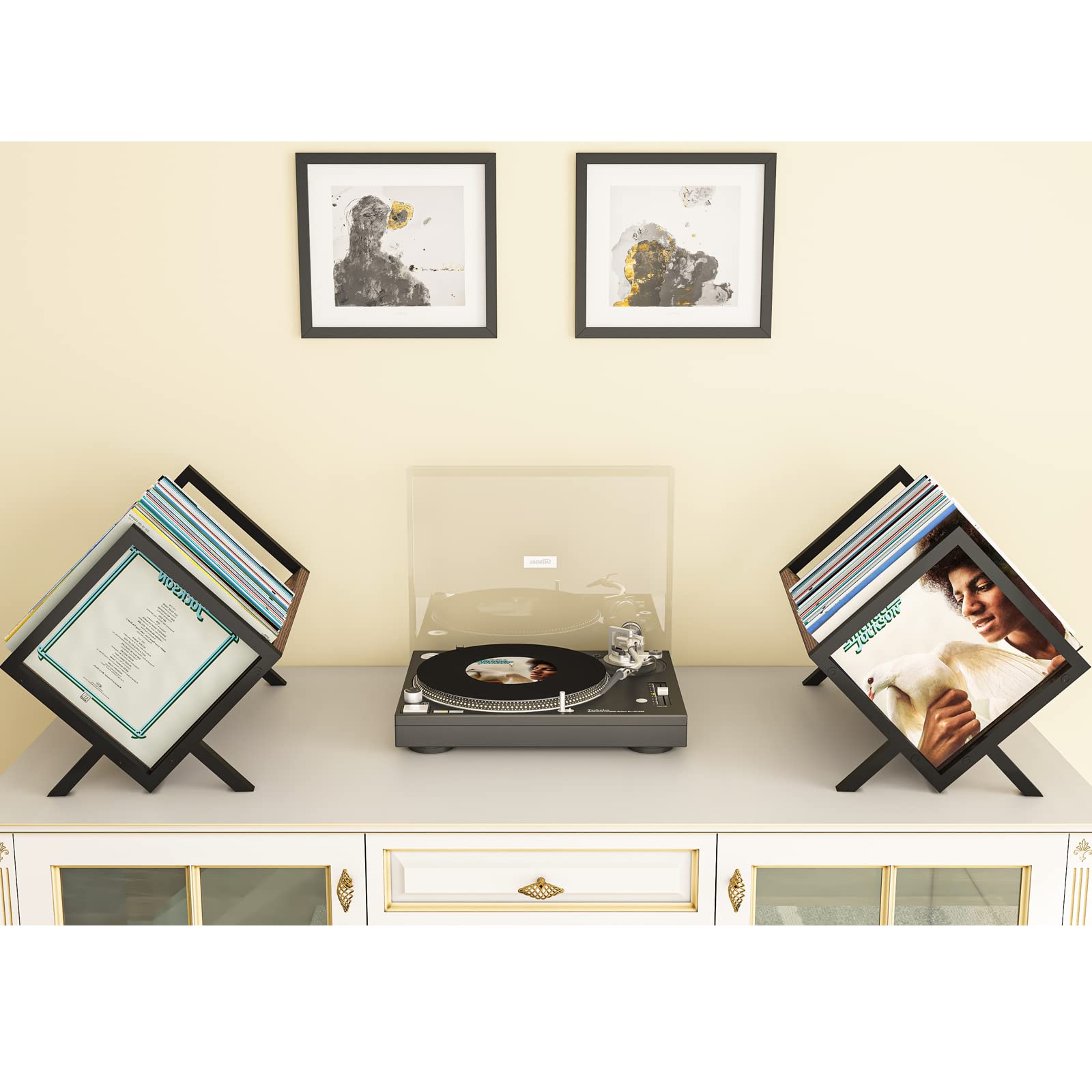 Giikin Vinyl Record Storage Holder, Holds up to 90-110 LPs, Metal and Wooden Vinyl Record Organizer Stand, Simple/Functional/Easy Assembly, Vinyl Shelf for Files/Book/Magazine/Record Rack