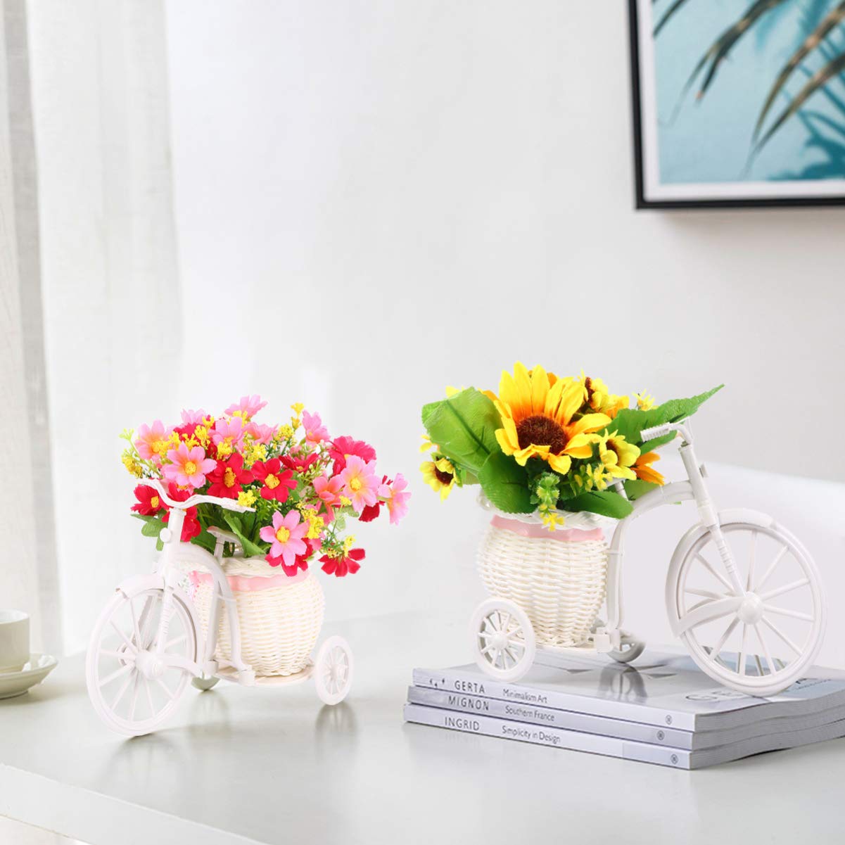Garneck Artificial Daisy Flower Garden Silk Flower Baskets Bike Stand Mini Nostalgic Planter Bicycle for Home Wedding Decoration