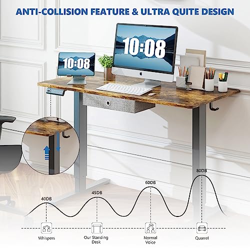 DUMOS Adjustable Height Electric Standing Desk with Drawer,48 x 24 in Ergonomic Computer Table with Splicing Board, Wire Hole and Hook for Workstation for Home, Office, Rustic Brown
