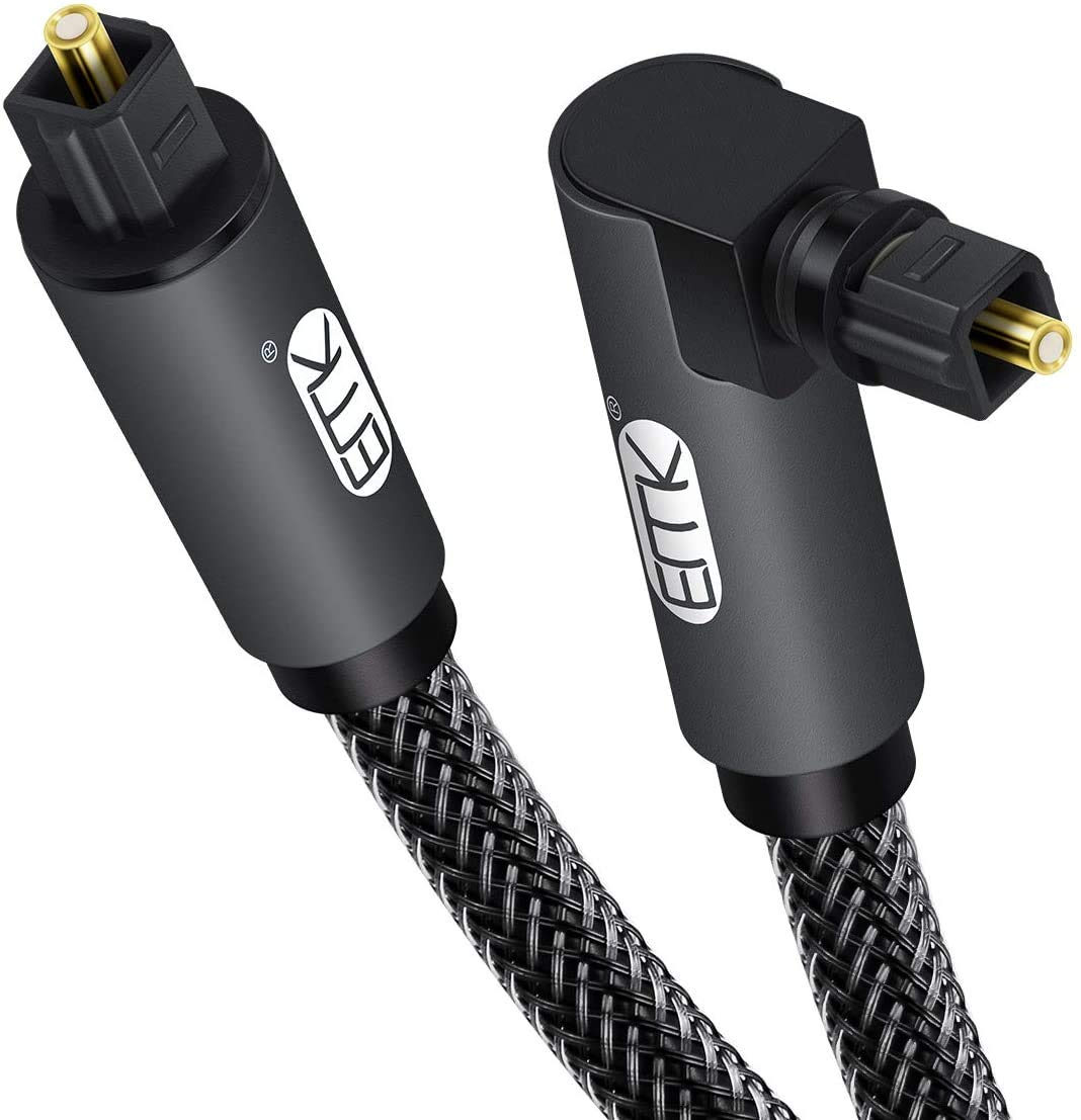 EMK 90 Degree Toslink Optical Cable 360 Degree Free-Rotating Plug Fiber Optic Cable S/PDIF Toslink Male to Male Cable for Home Theater, Sound Bar, TV, PS4, Xbox,Grey (3.3ft/1m)