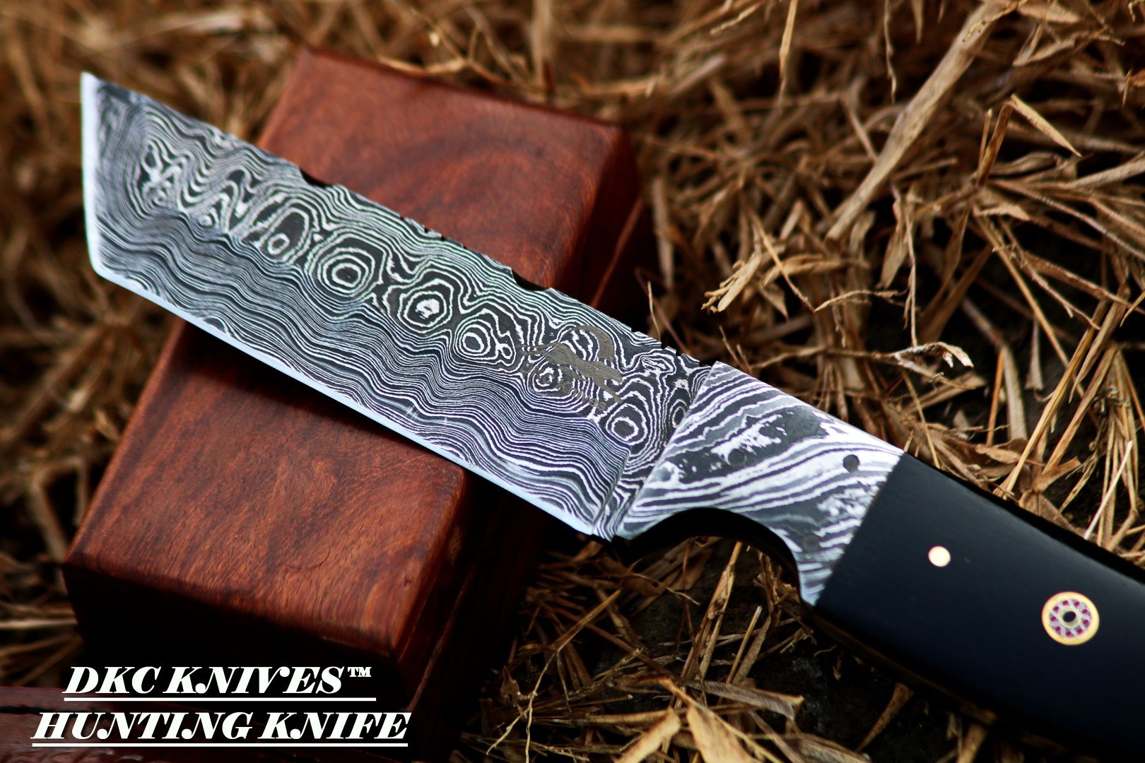 DKC-524-DS Tanto Sky Damascus Hunting Knife 10" Long 10 oz Black Handle 5" Blade