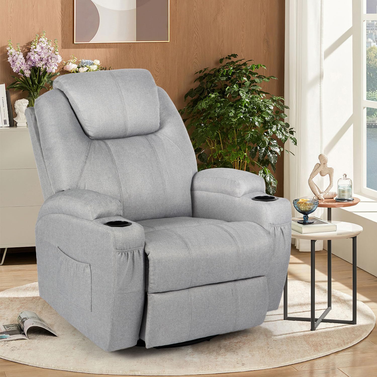 Esright Grey Massage Recliner Chair 360° Swivel Heated Ergonomic Lounge Reclining Chair