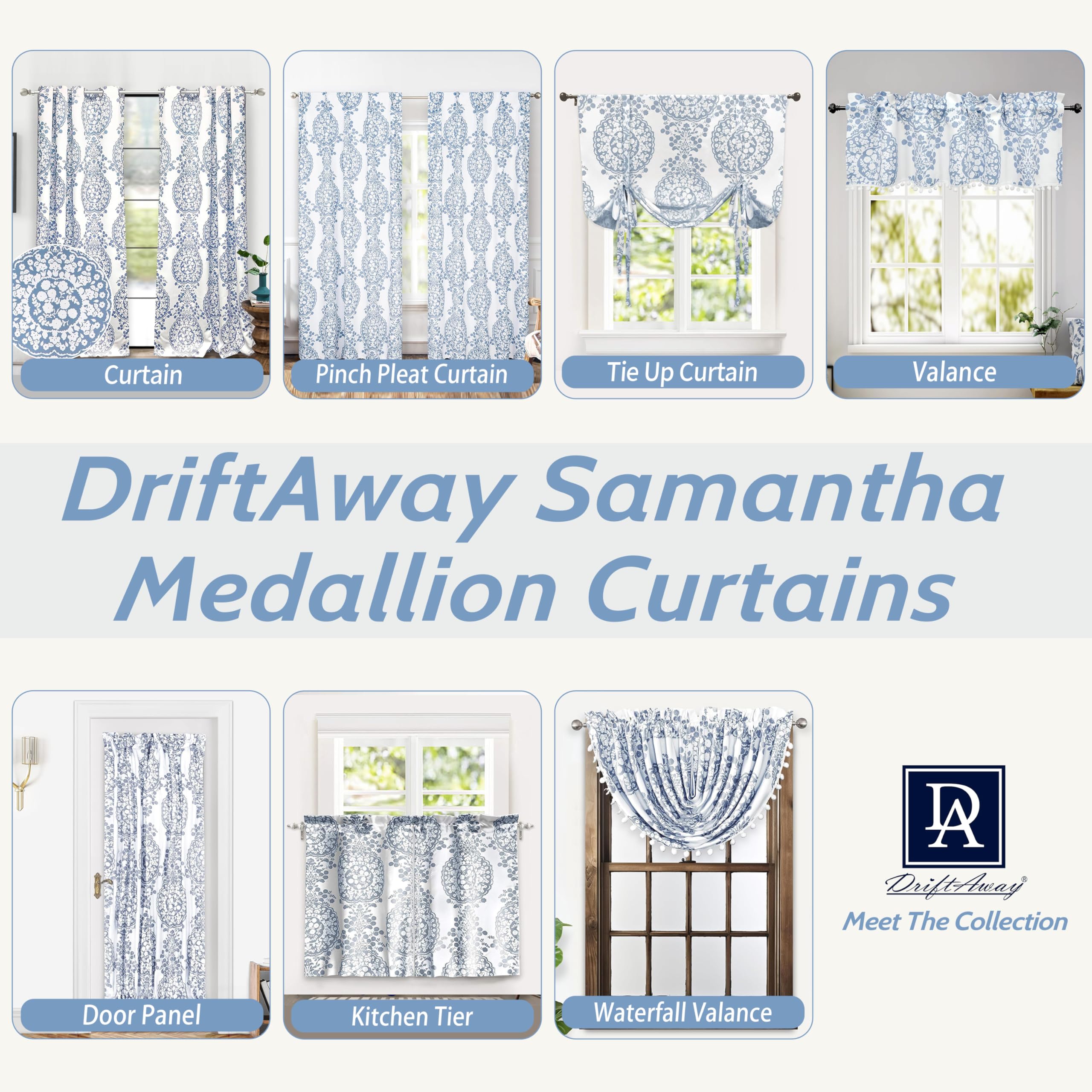DriftAway Damask Curtains Valances for Windows 2 Pack Farmhouse Style Floral Medallion Patterned Samantha Valance for Living Room Bedroom 52 Inch by 18 Inch Plus 2 Inch Header Dusty Blue