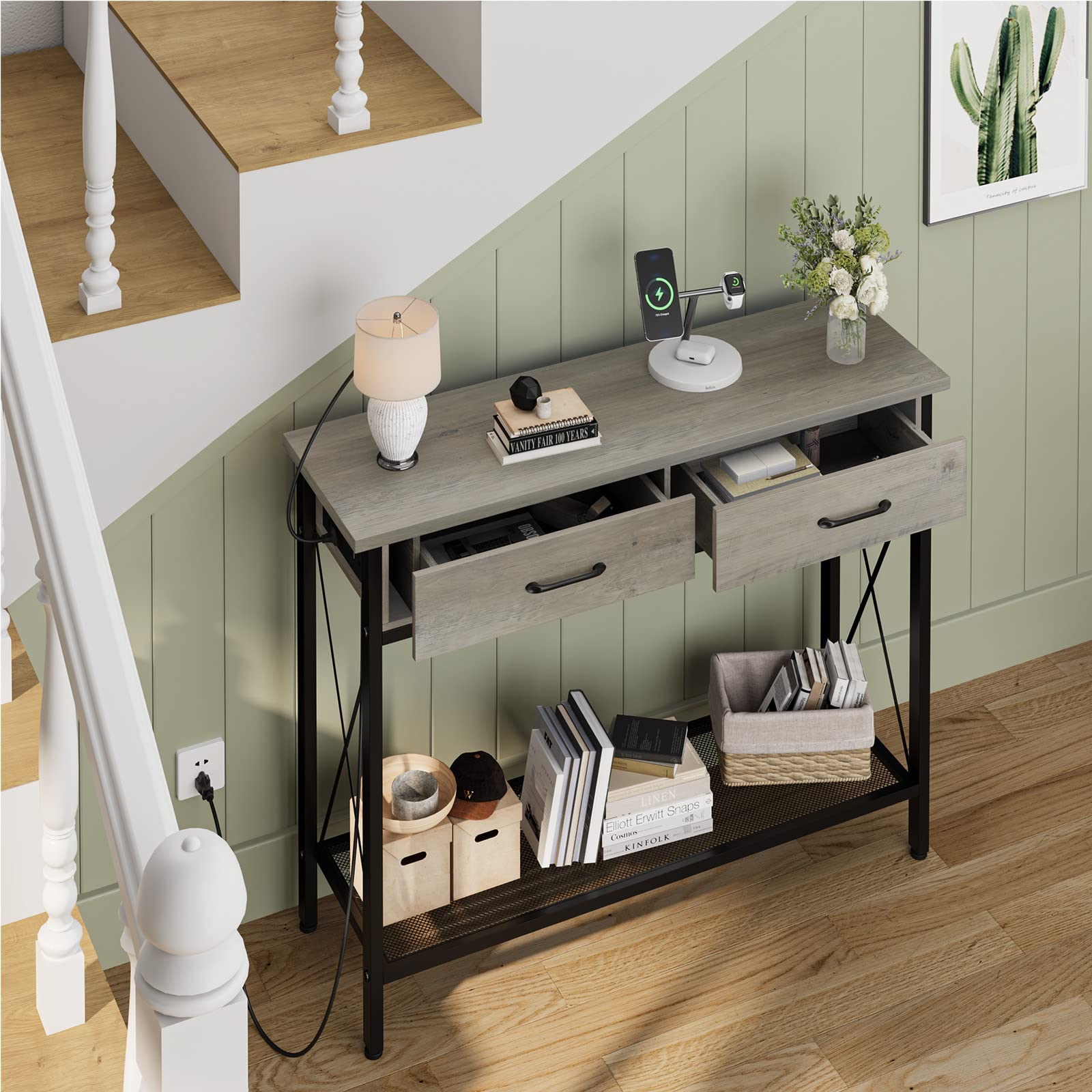 Entryway Table with 2 Drawers for Storage, 39.3''Console Table with Charging Station, Industrial Grey Sofa Table with Storage Shelves for Living Room, Couch, Hallway, Foyer, Entryway, Kitchen-2 Tier