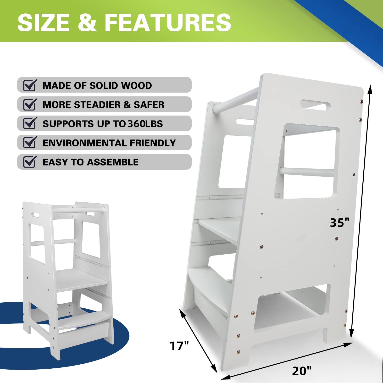 ECOMEX Standing Tower for Toddlers, Toddler Stool for Kitchen Counter Kids Kitchen Step Stool with Safety Rail Toddler Standing Tower with Adjustable Platform for Kitchen Counter, Elegant White