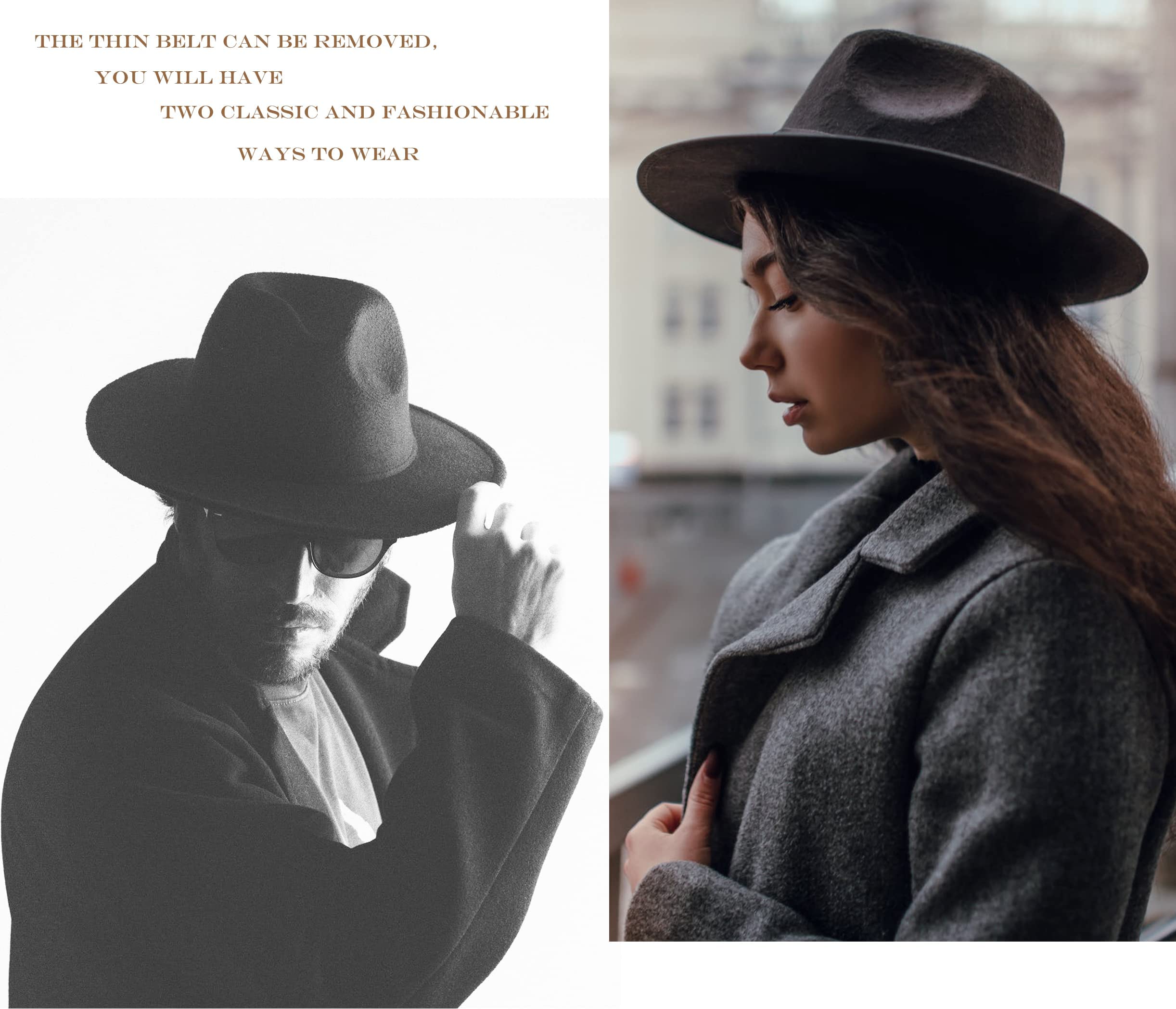 Felt Fedora Hat Womens Classic Hat Wide Brim Jazz Hat with Belt Buckle (Black with Black Belt, Medium (22"-23"))