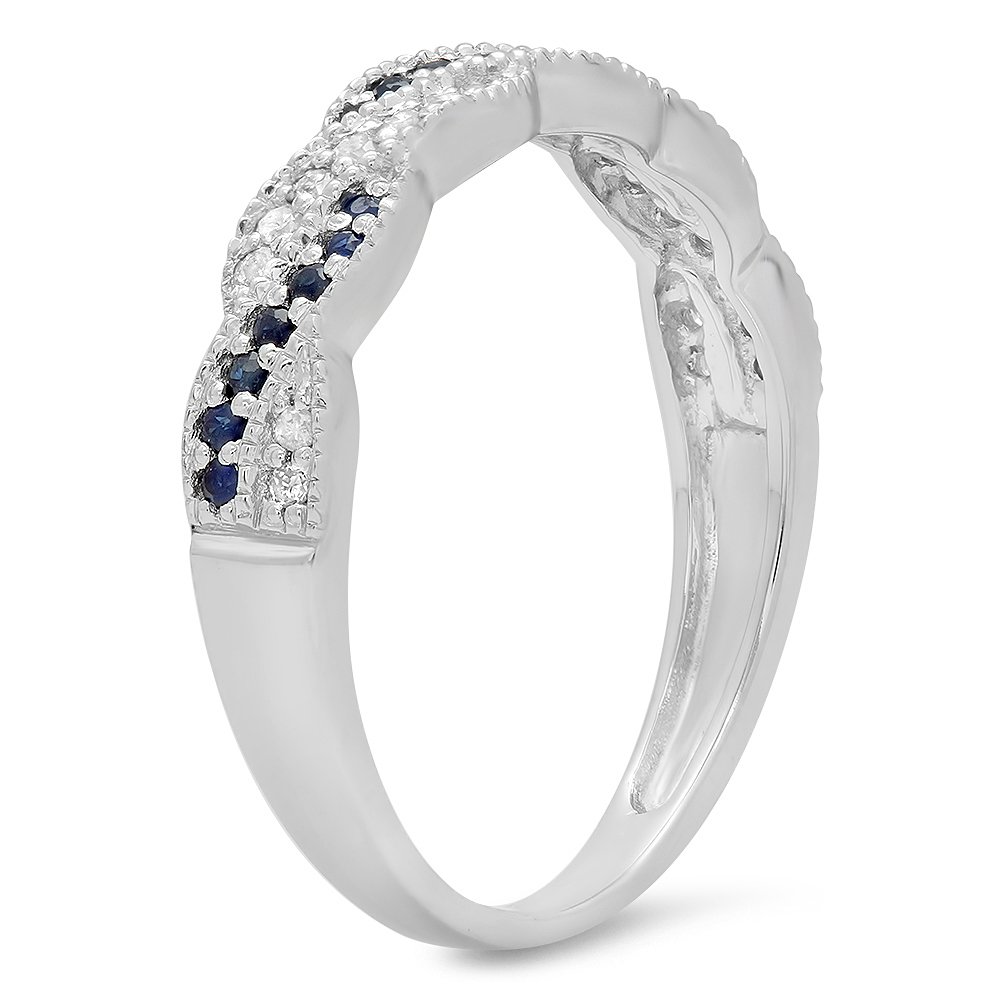 Dazzlingrock Collection 14K Round White Diamond & Blue Sapphire Women Anniversary Wedding Band Swirl Ring, White Gold, Size 6.5
