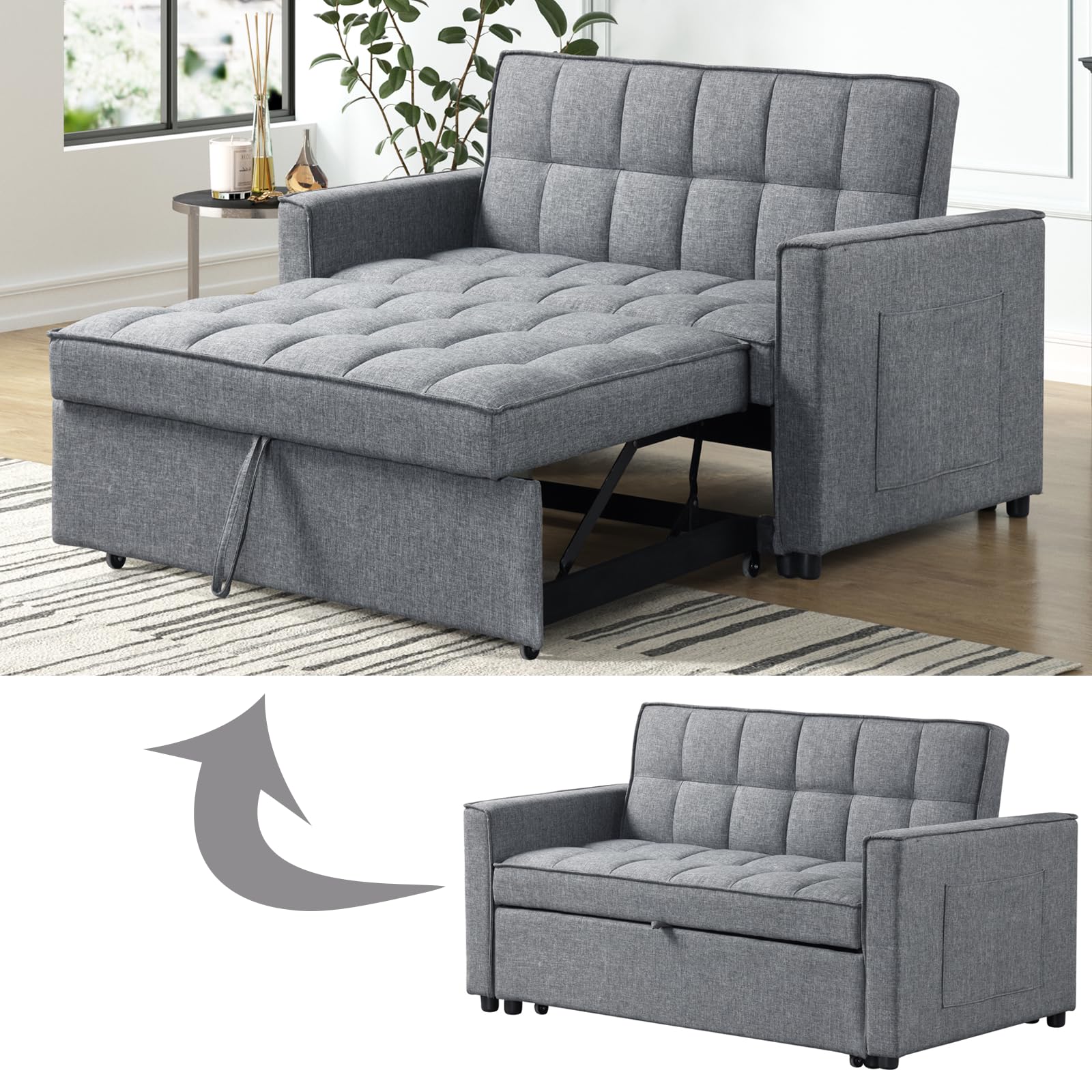 KAIRUITUCH Convertible Sleeper Sofa, 3-in-1 Pull Out Couch with Adjustable backrest, Storage Pockets, Fold Out Loveseat Futon Sofa Couches Bed for Living Room, Small Space, Apartment, Grey Fabric