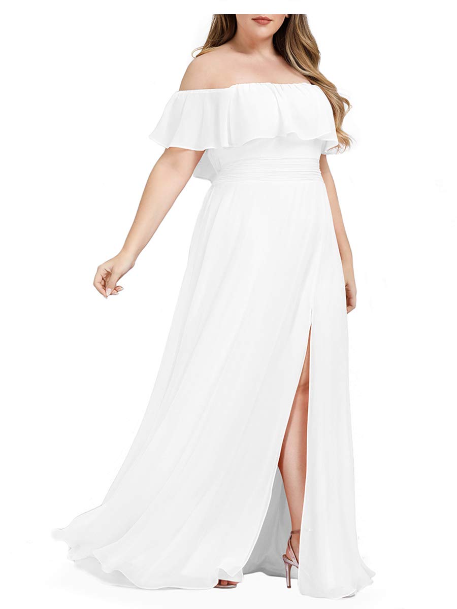 Ever-Pretty Women's Off Shoulder Ruffle Sleeves Side Split Chiffon Plus Size Semi Formal Dresses for Women White US24