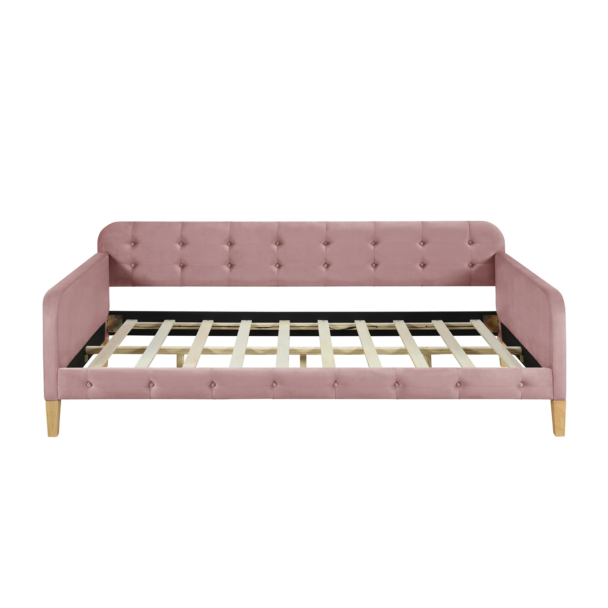 OUYESSIR Twin Size Upholstered Daybed, Comfy Wooden Velvet Fabric Day Bed Frame with Tufted Button for Kids Adults Boys Girls, Pink