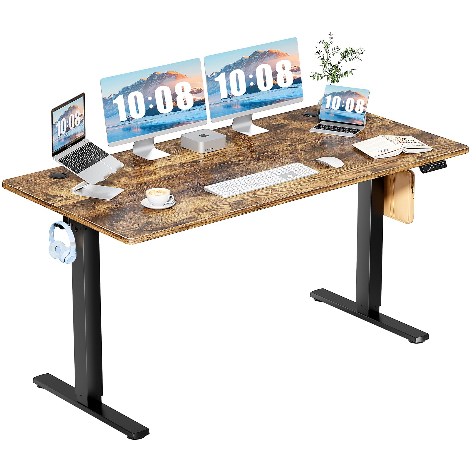 DUMOS, Electric Height Ergonomic Adjustable Memory Preset, Computer Stand Up Desk with T-Shaped Bracket Suitable for Home Office, 63 x 24 Inches, Rustic Brown