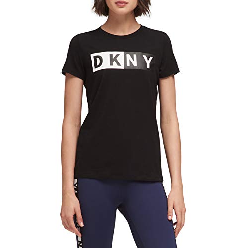 DKNY womens Summer Tops Short Sleeve T-shirt T Shirt, Black With Black/White Two Tone Logo, Large US