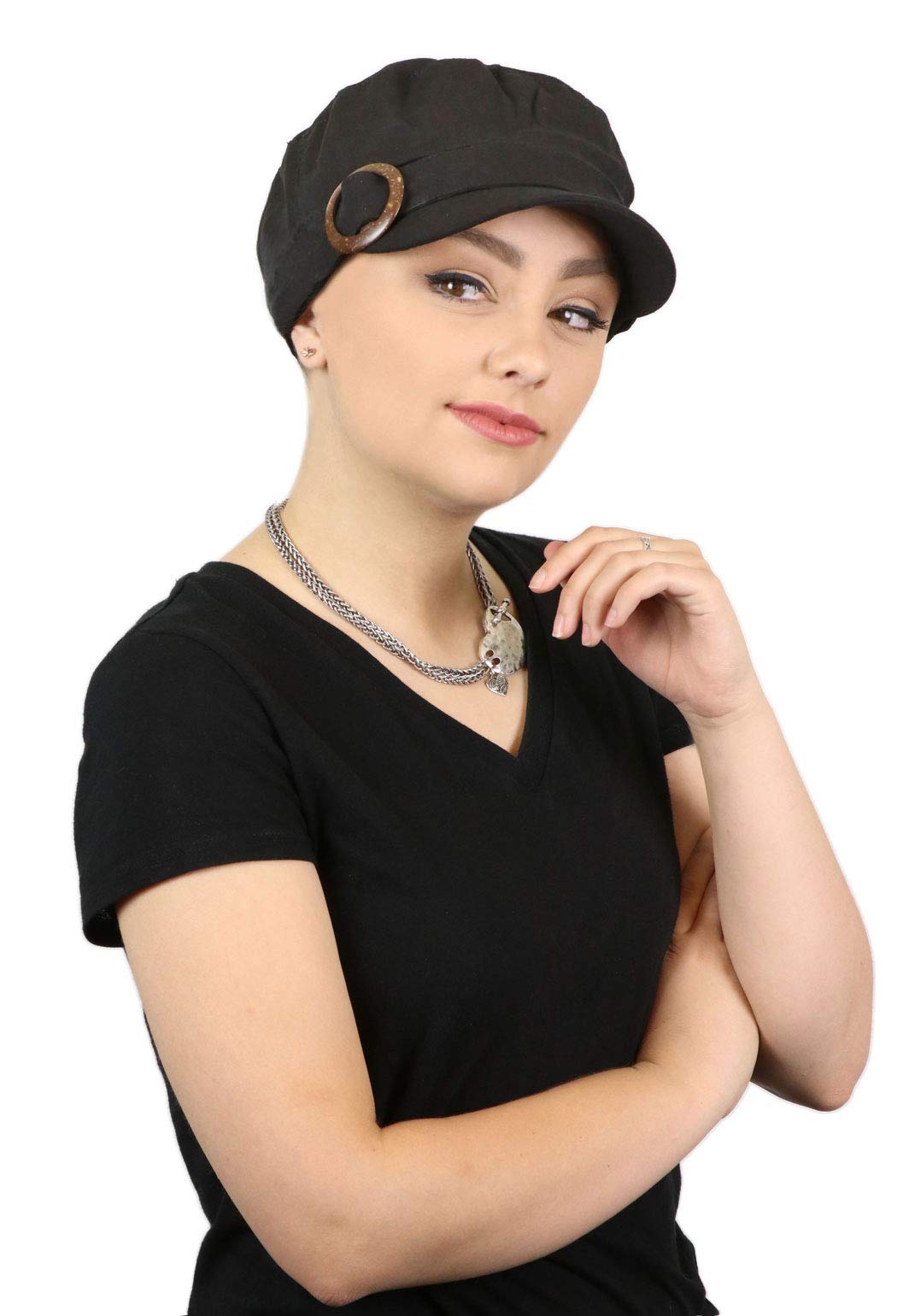 Hats Scarves & More Womens Chemo Cadet Cap Short Billed Newsboy Hat Soft Cap for Bald Women Black