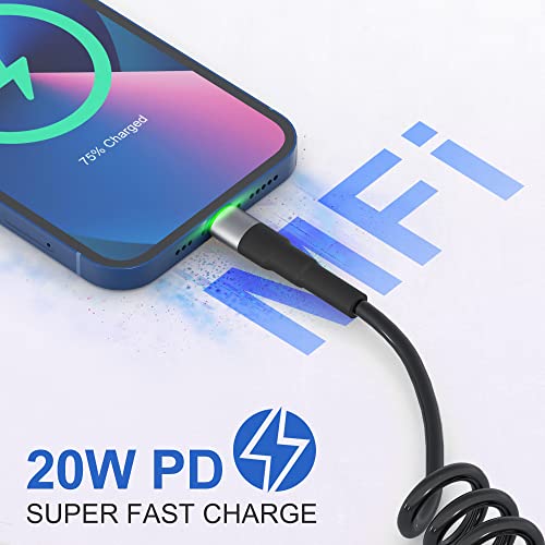 KETAKY Plus Coiled USB C to Lightning Cable MFi Certified & CarPlay Compatible Spring Retractable iPhone Charging Cord 20W PD Fast Charge | Data Sync for iPhone 14|13|12|11 Pro|X|iPad|iPod