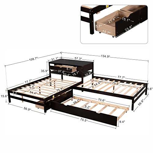 Full Size L Shaped Bed Platform Bed with Trundle and Drawers Linked with Built-in Rectangle Table, Wooden Bed Frame for Kids Teens Adults (Espresso)