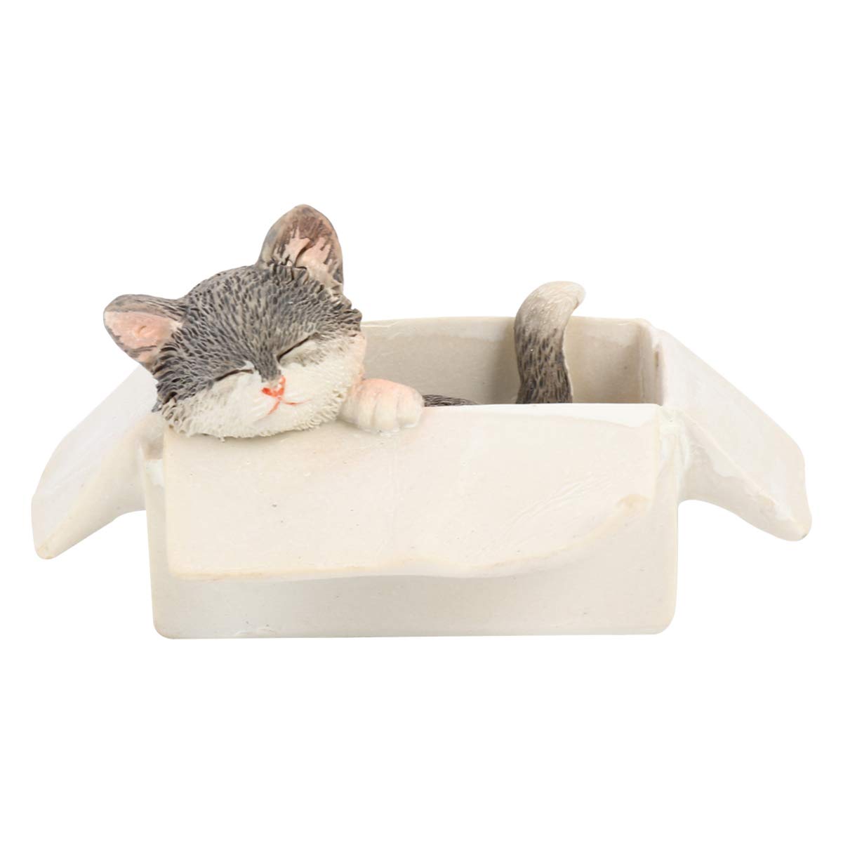 Garneck Resin Cat Figurines Little Kitty Sleeping in Box Statue Realistic Kitten Collection Crafts for Living Room Bedroom Garden (Grey)