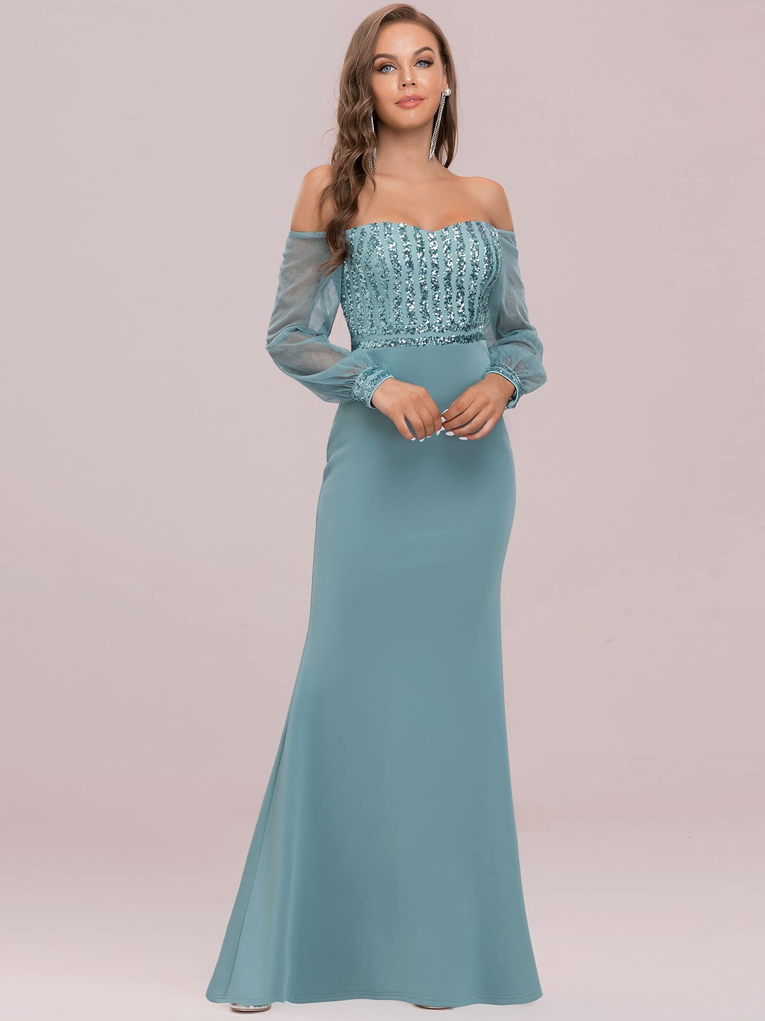 Ever-Pretty Women's See-Through Sequin Dress Mermaid Evening Dress with Sleeve Blue US20