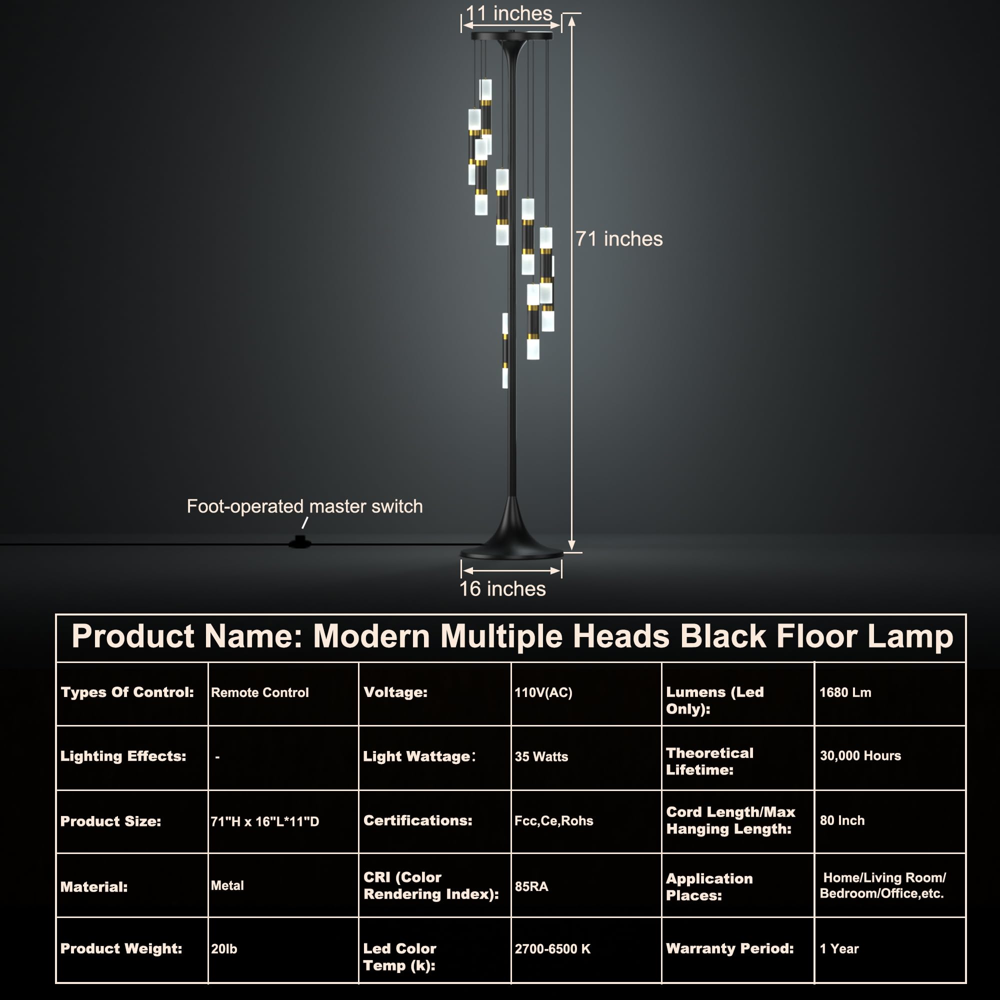 E.P. Light Modern Multiple Heads Black Floor Lamp for Bedroom, 71 inch Tall Dimmable Standing LED Floor Lamp for Living Room, Unique Reading Floor Lamp with Remote for Office