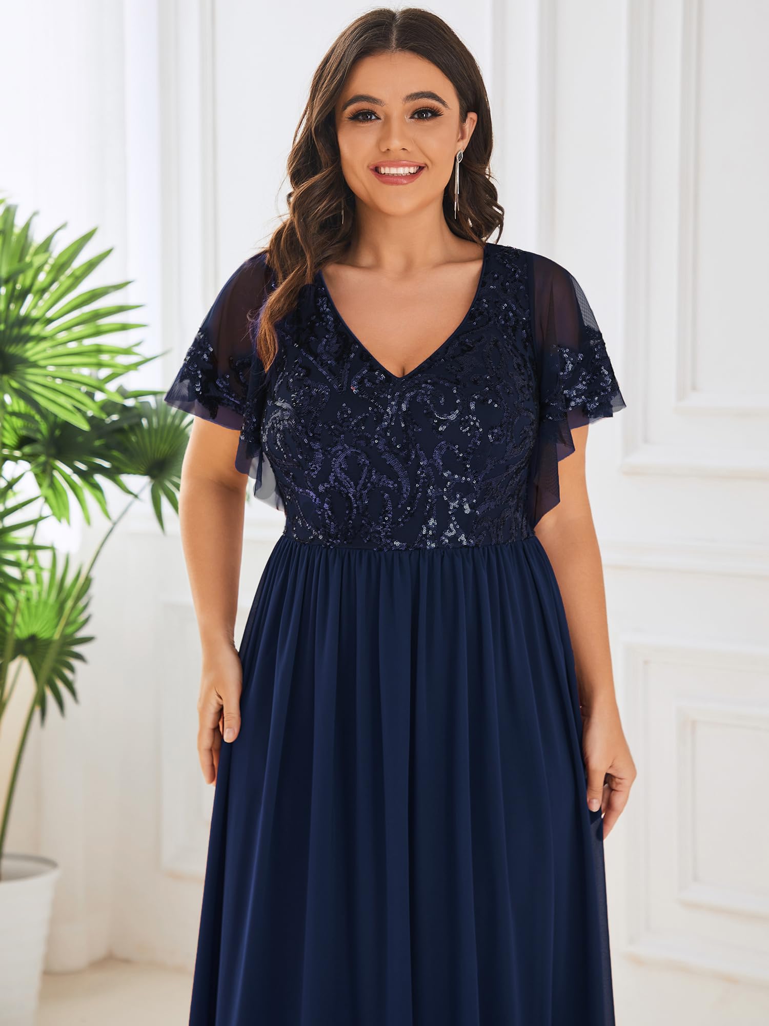 Ever-Pretty Plus Womens Plus Size Backless Ruffles Sleeves Sequin Appliques Maxi Chiffon Formal Evening Dress Navy Blue US26