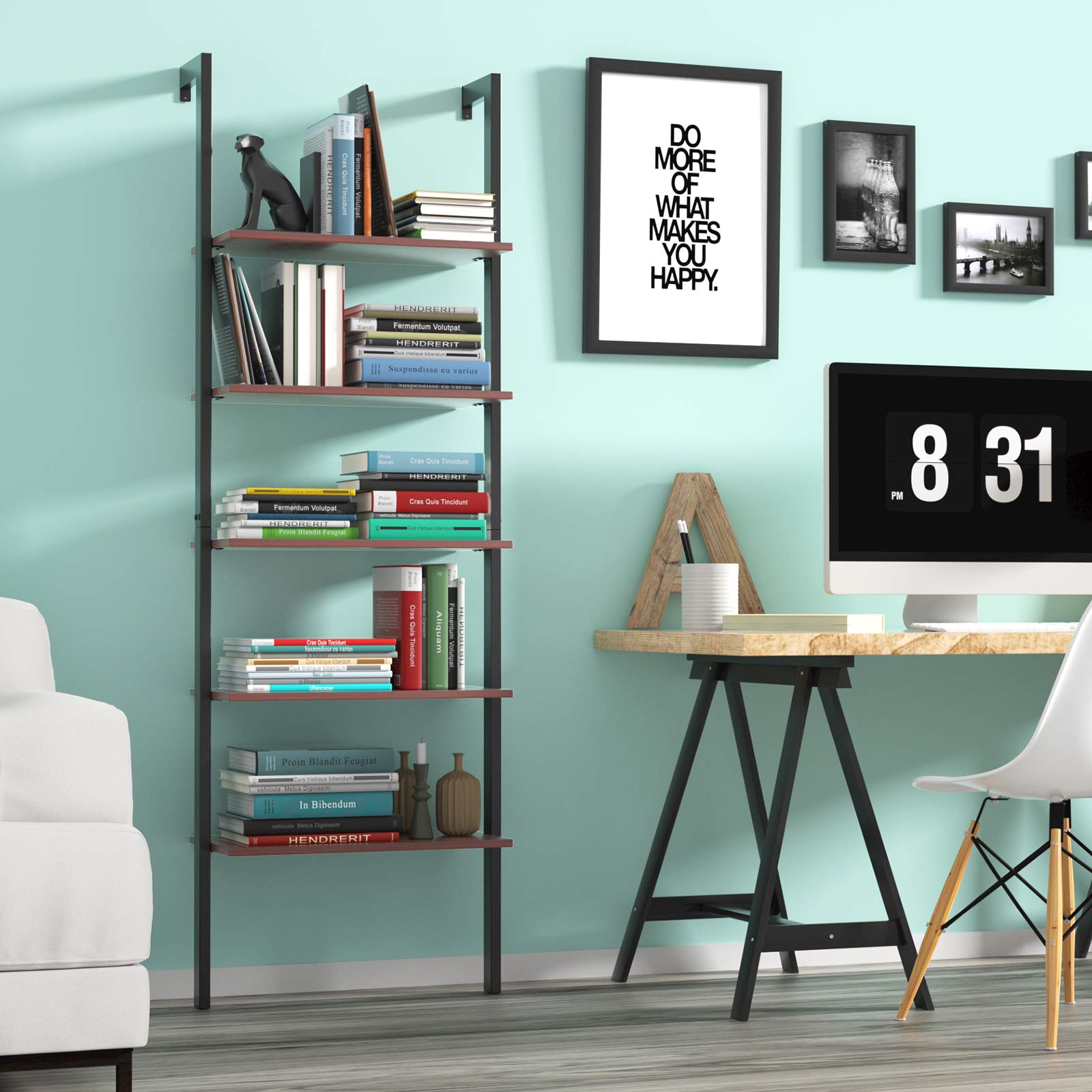 Tangkula Industrial Ladder Shelf Against The Wall, 5-Tier Ladder Bookshelf w/Metal Frame, 72 Inches Open Bookcase Plant Flower Stand Display Storage Rack for Home Office