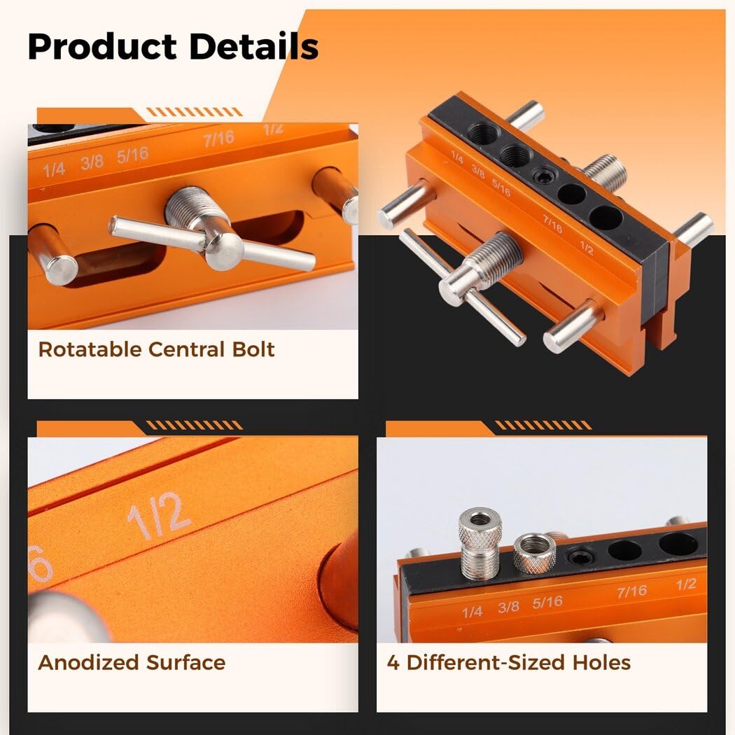 Doweling Jig Kit With 6 Bushings, Self Centering Drilling Guide, Adjustable Width Punching Locator, Straight Holes Woodworking Locator Joint Tool