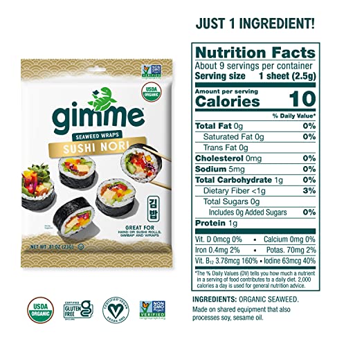 gimMe Organic Roasted Seaweed - Restaurant-style Sushi Nori Sheets - 0.81 Ounce