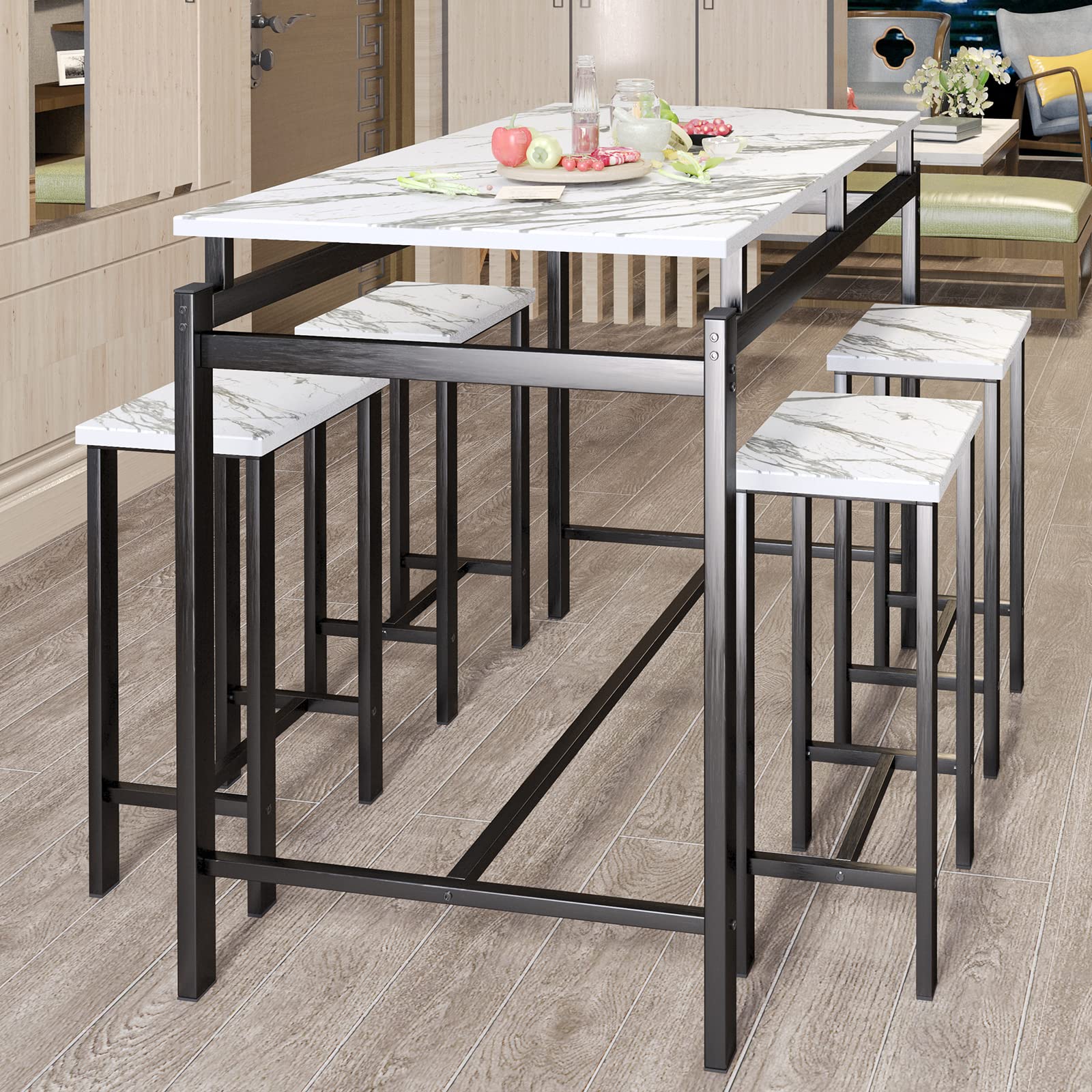Dining Table Set for 4, 5 Pieces Kitchen Table and Chairs for Small Spaces, Bar Table and Chairs Set, Person Counter Height Table Set with 4 Chairs for Pub Restaurant Dinner Breakfast(White Statuario)