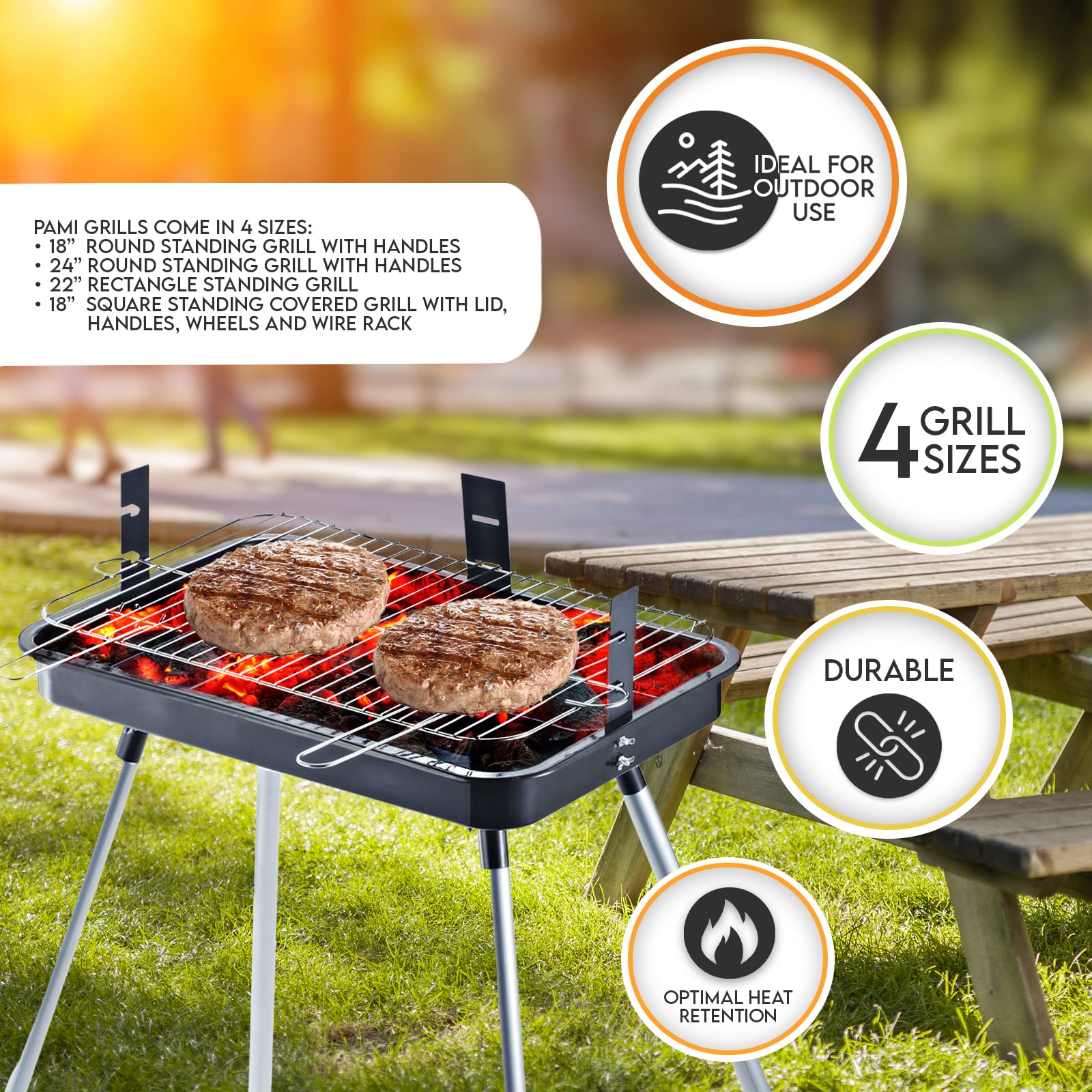 PAMI Portable BBQ Charcoal Standing Grill - 22” Rectangle Medium Grill For Courtyard, Backyard Patio, Camping, Tailgating & Picnics- Lightweight Metal Outdoor Cooking Grill For Steaks, Veggies & More