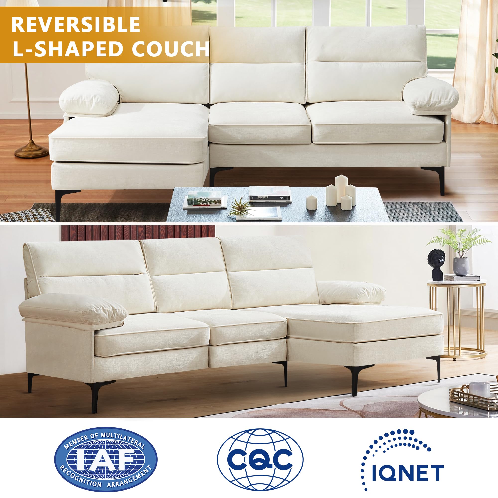 Ihanherry 85β Convertible Sectional Sofa Couch, 3 Seat Sofa for Living Room L-Shaped Modern Chenille Fabric Modular Sofa Reversible Wide Chaise & Fluffy Armrests for Apartment (Beige)