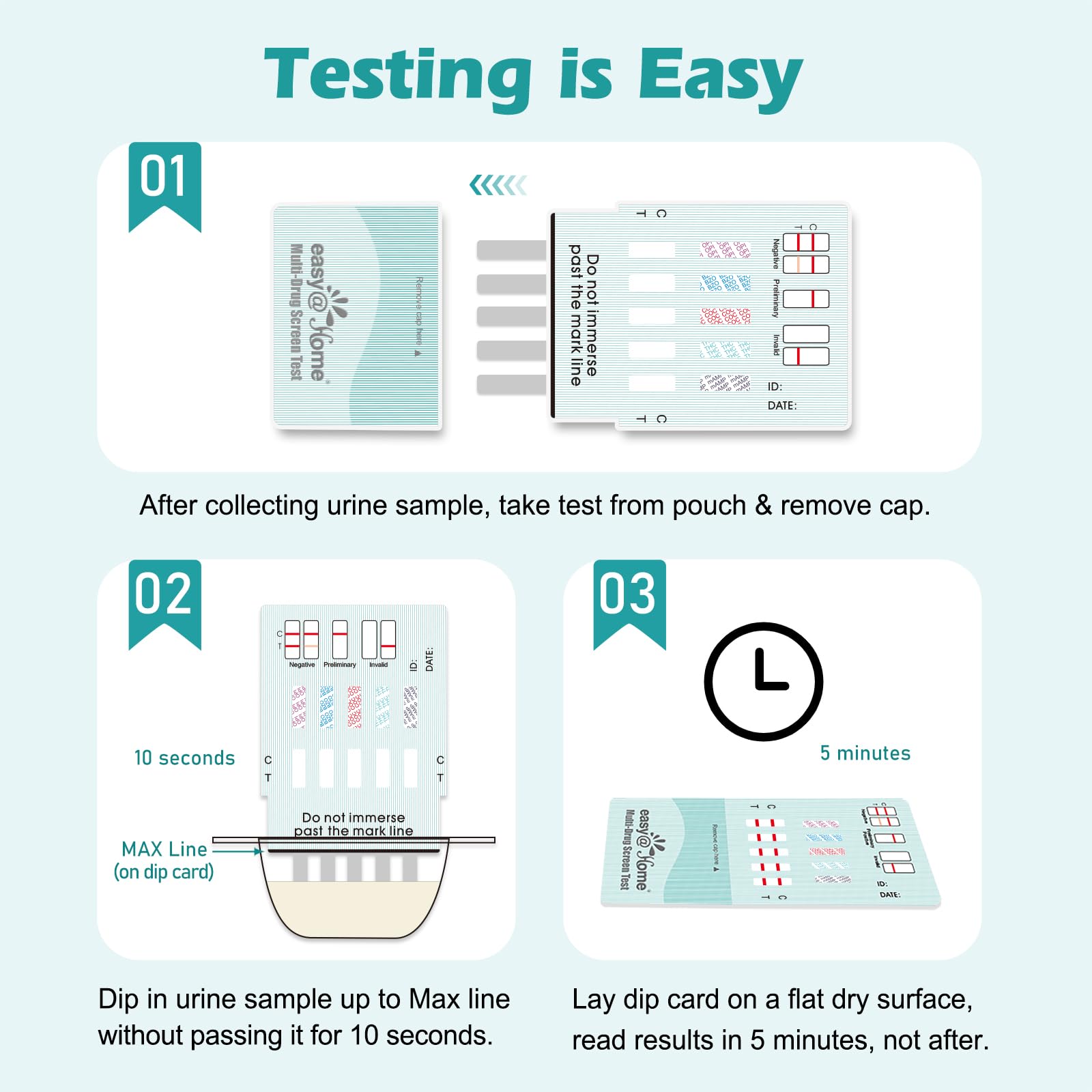 Easy@Home 5 Panel Instant Drug Test Kits [25 Pack] - Testing Marijuana (THC), COC, OPI 2000, AMP, MET/mAMP- Urine Dip Drug Testing -#EDOAP-254