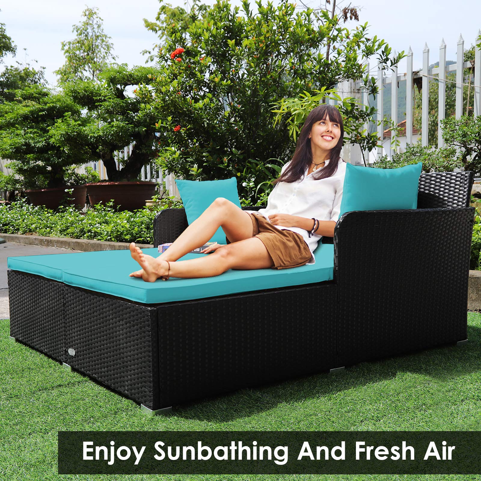 Tangkula Outdoor Rattan Daybed, Sunbed Wicker Furniture w/Spacious Seat, Upholstered Cushion & High-Resilience Sponge, Wicker Patio Sofa Set w/Extra Pillows for Courtyard Poolside(Turquoise)